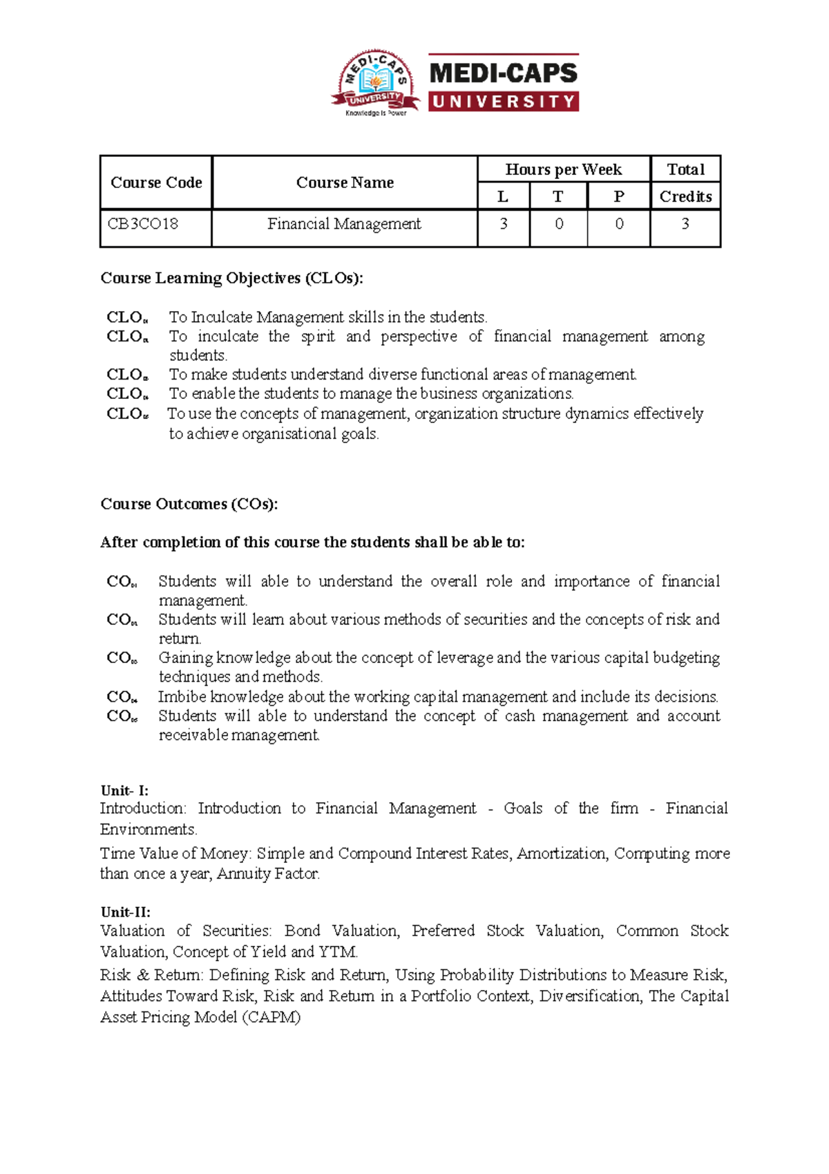 CO, CLO Syllabus Templete - Course Code Course Name Hours per Week Total L T P Credits CB3CO18 ...