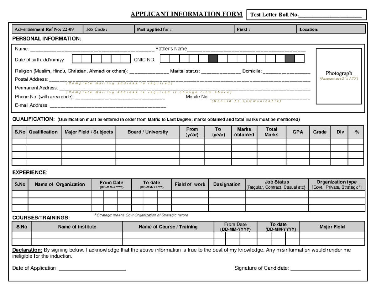 Biodata-FORM - GOOD - APPLICANT INFORMATION FORM Advertisement Ref No ...