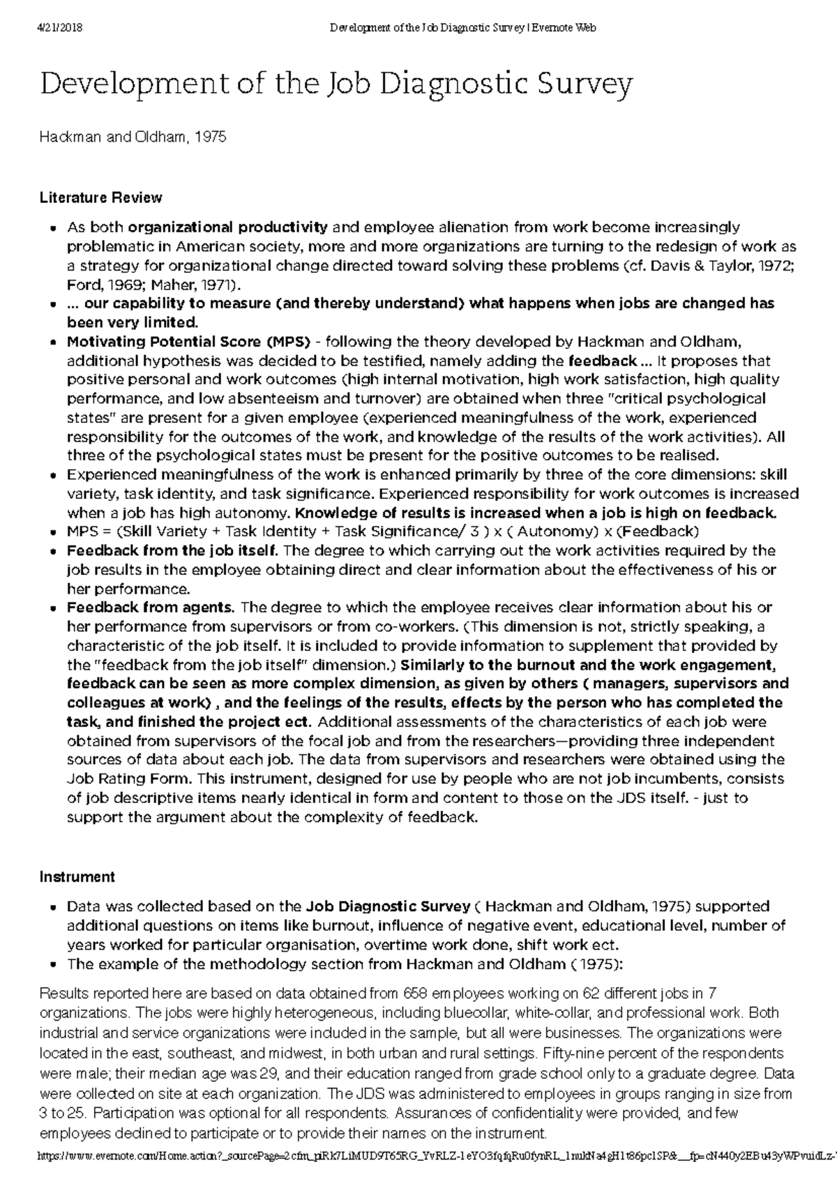 Development of the Job Diagnostic Survey - Davis Taylor, Ford, Maher ...