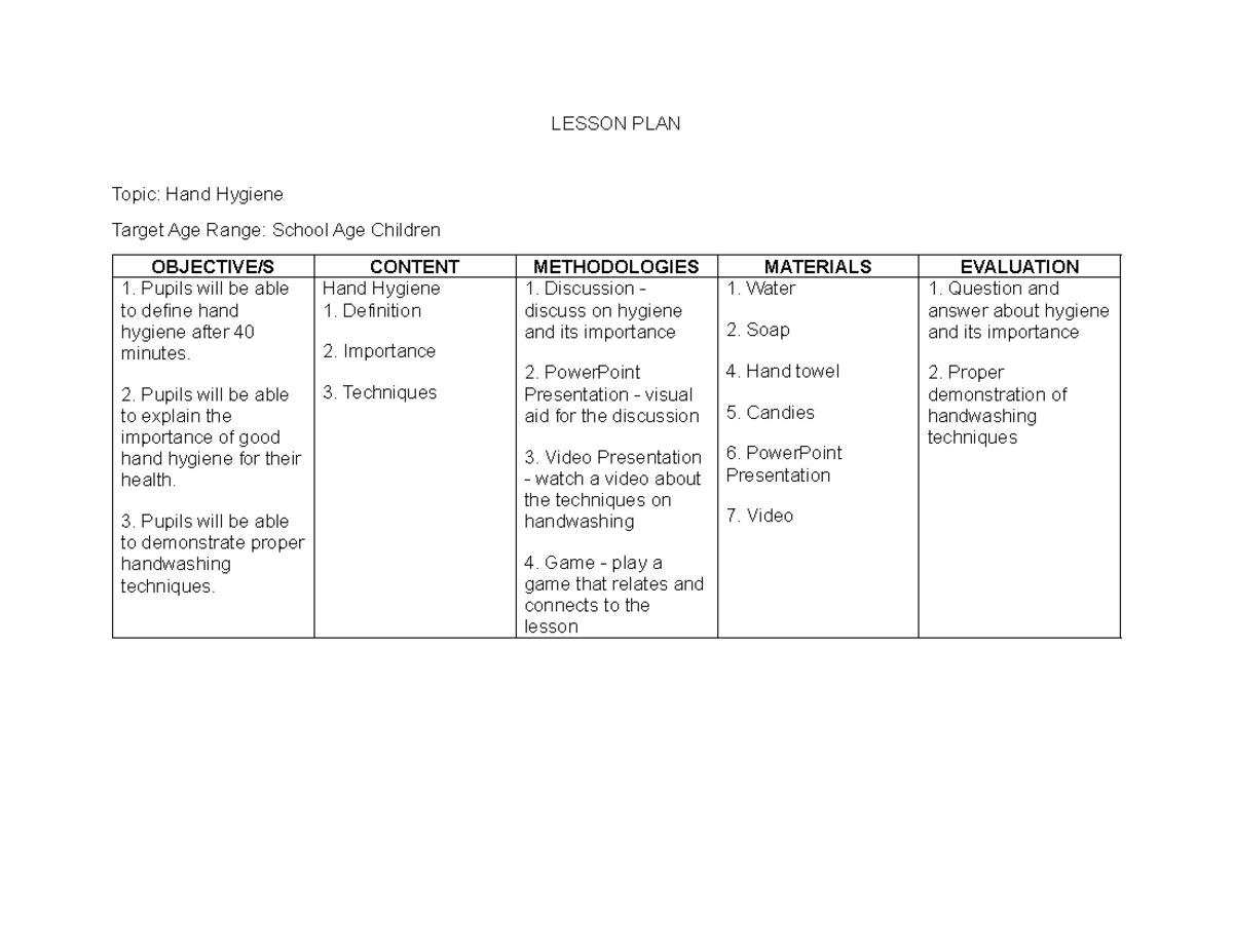 Lesson Plan (finalized) - LESSON PLAN Topic: Hand Hygiene Target Age ...