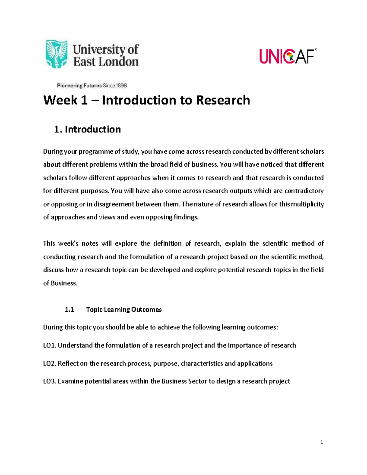Week 1 - Topic Overview - Notes - Week 1 3 Introduction to Research 1 ...