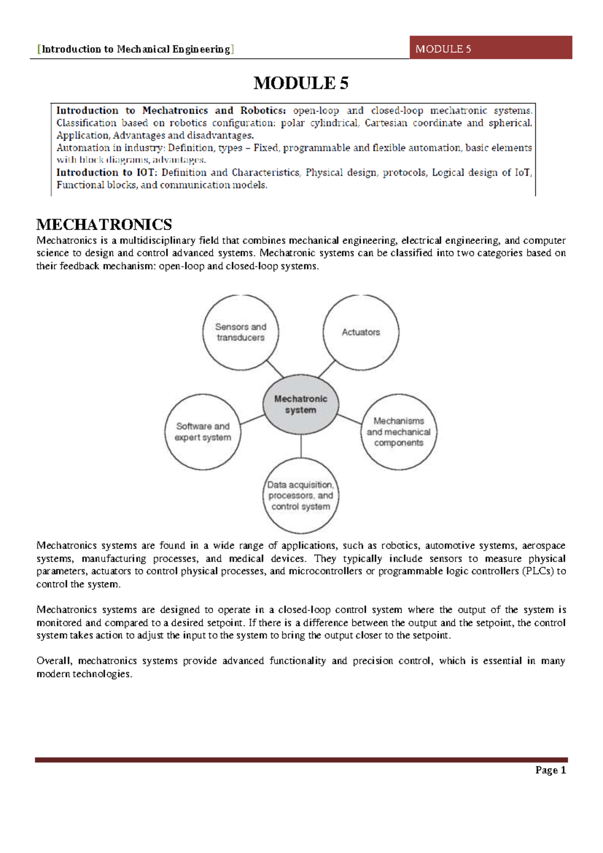 computer science - MODULE 5 MECHATRONICS Mechatronics is a multidisciplinary field that combines ...