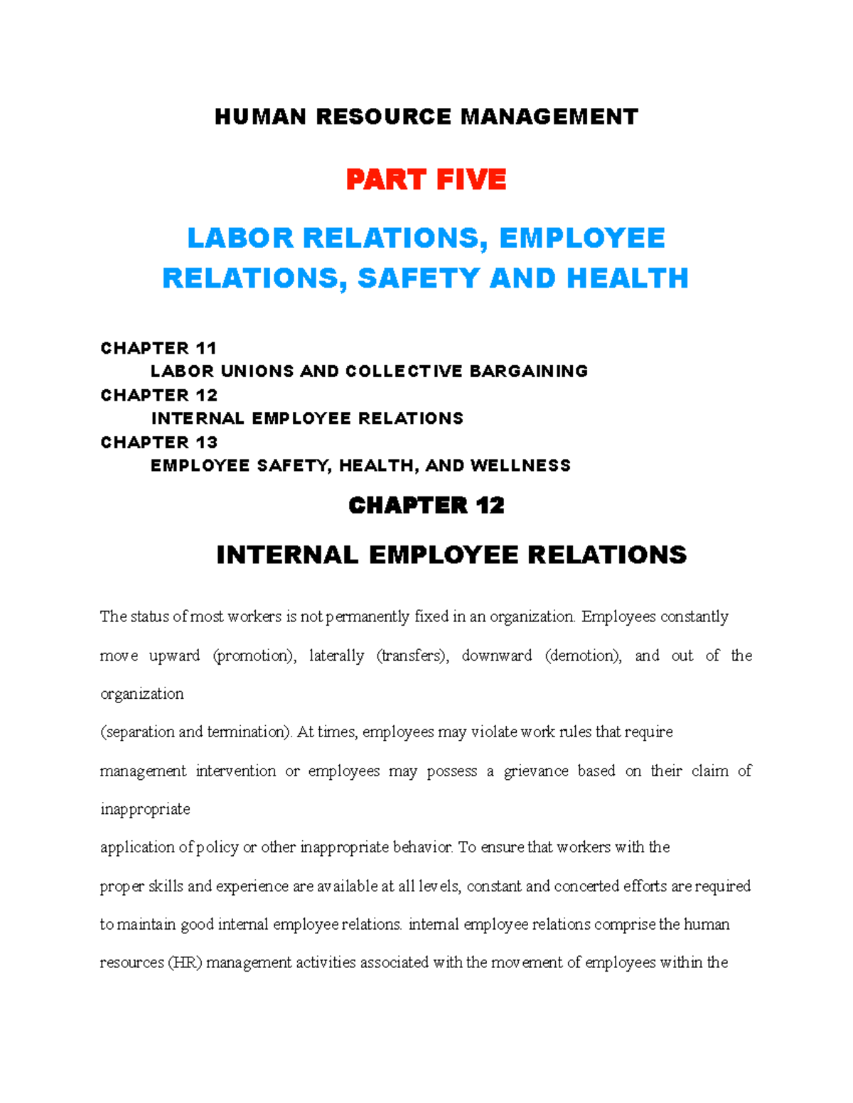 Human Resource Management PART 5 Chapter 12 - HUMAN RESOURCE MANAGEMENT PART FIVE LABOR ...