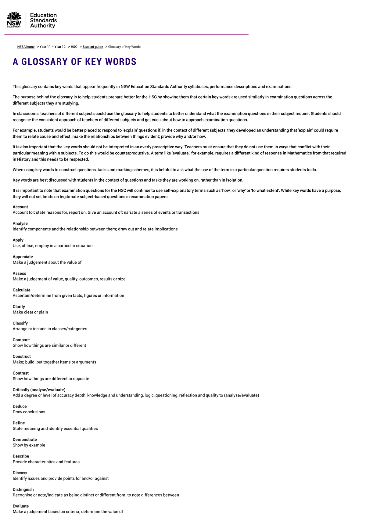 Glossary of Key Words NSW Education Standards - NESA home > Year 11 ...