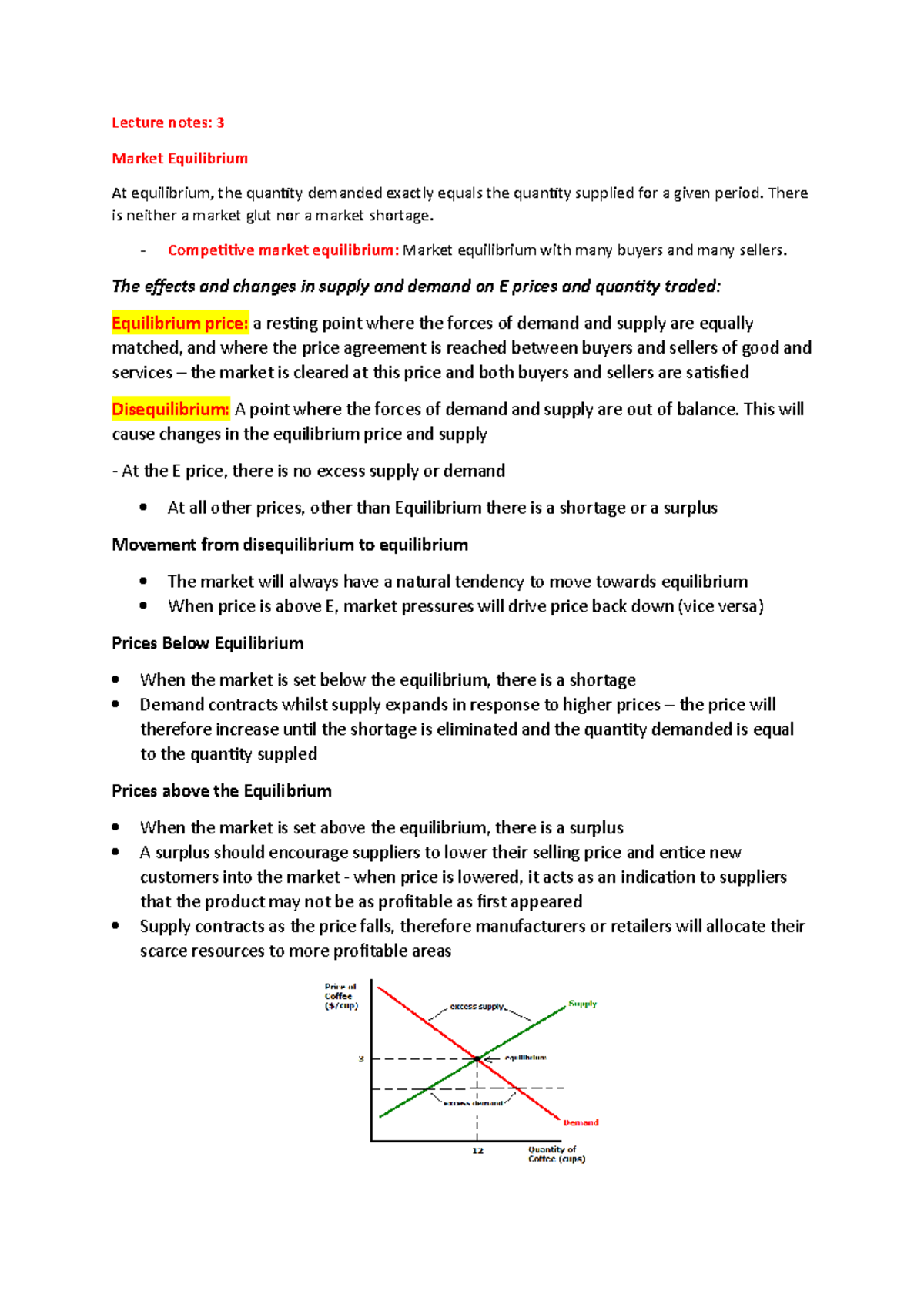 Lecture notes 3 Eco - Lecture notes: 3 Market Equilibrium At ...