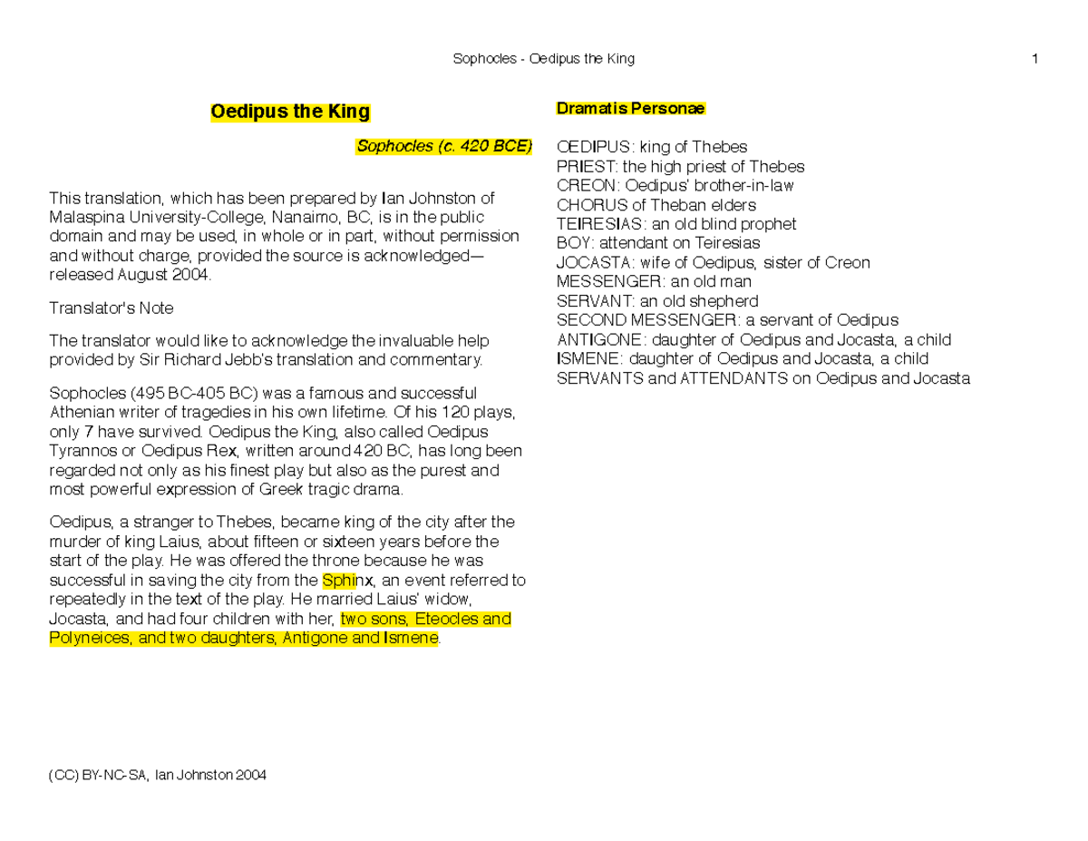 Reading Sophocles-Oedipus - Oedipus the King Sophocles (c. 420 BCE ...