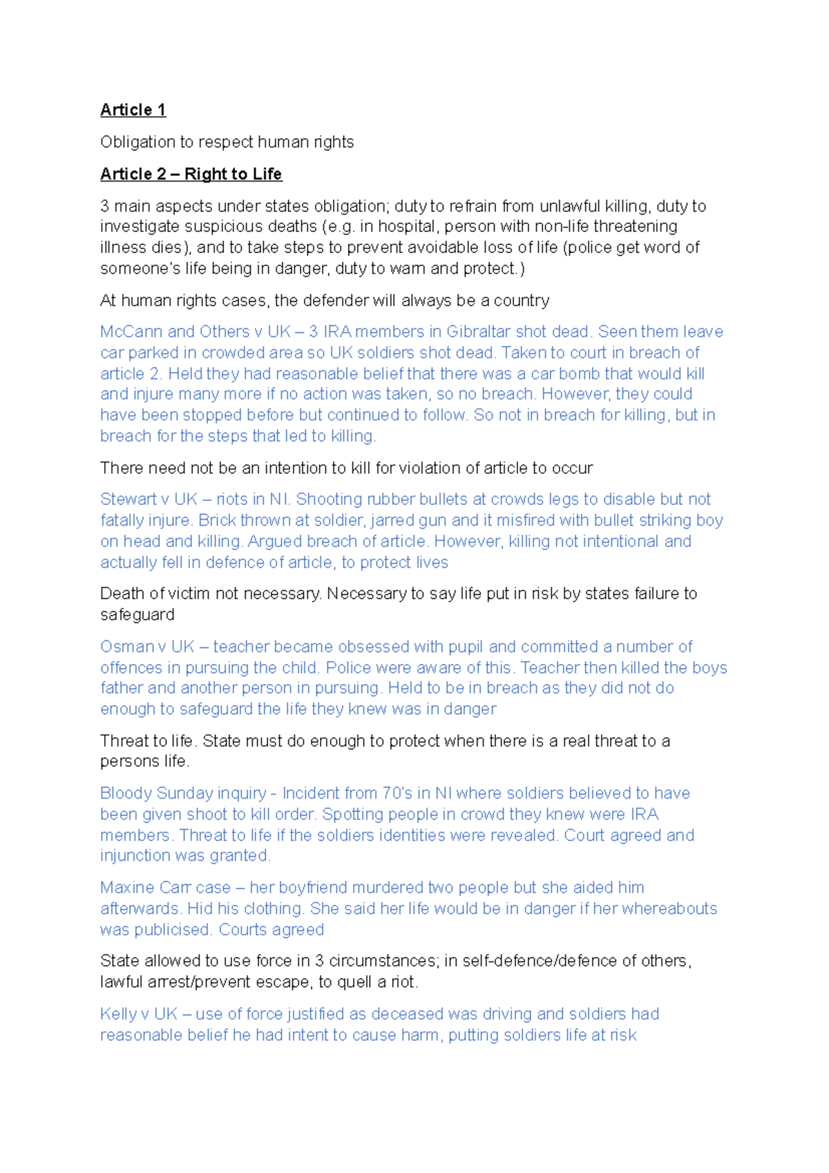 Revision notes - Article 1 Obligation to respect human rights Article 2 ...