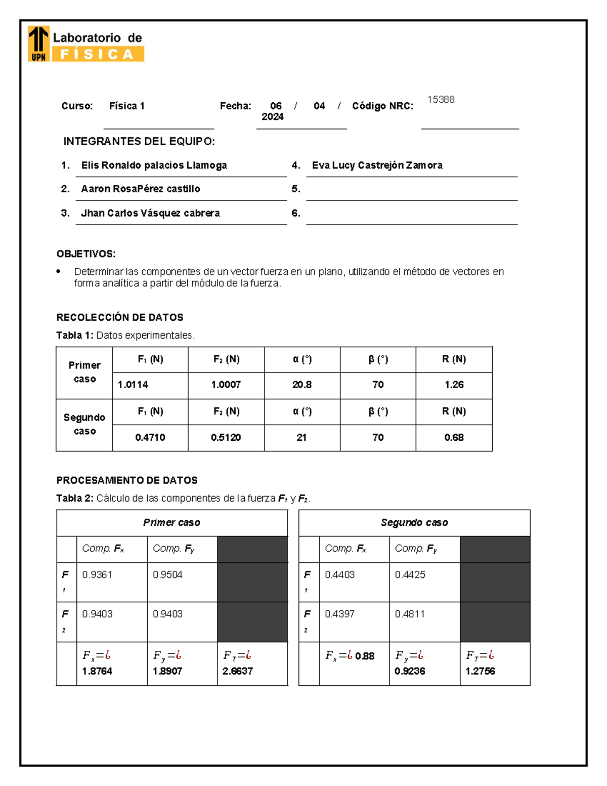 Fisica 1 laboratorio 23 (55) - Curso: Física 1 Fecha: 06 / 04 / 2024 ...