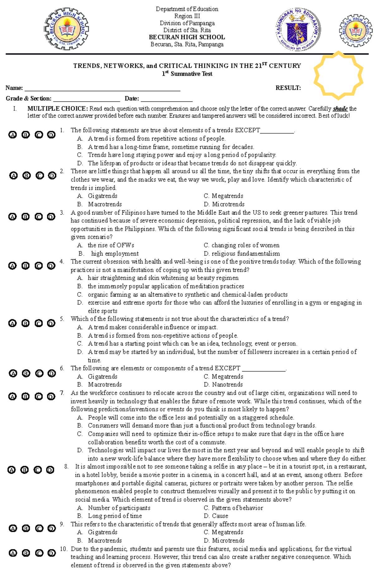 1ST Summative TEST IN Trends - Department of Education Region III ...