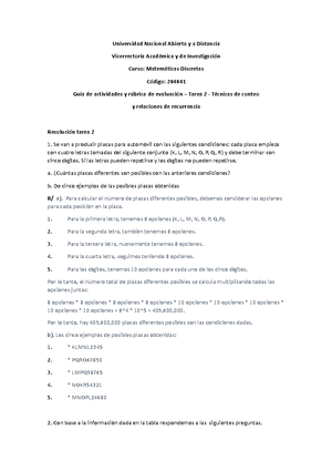 Tarea 2 – técnicas de conteo y relaciones recursivas - Tarea 2 ...