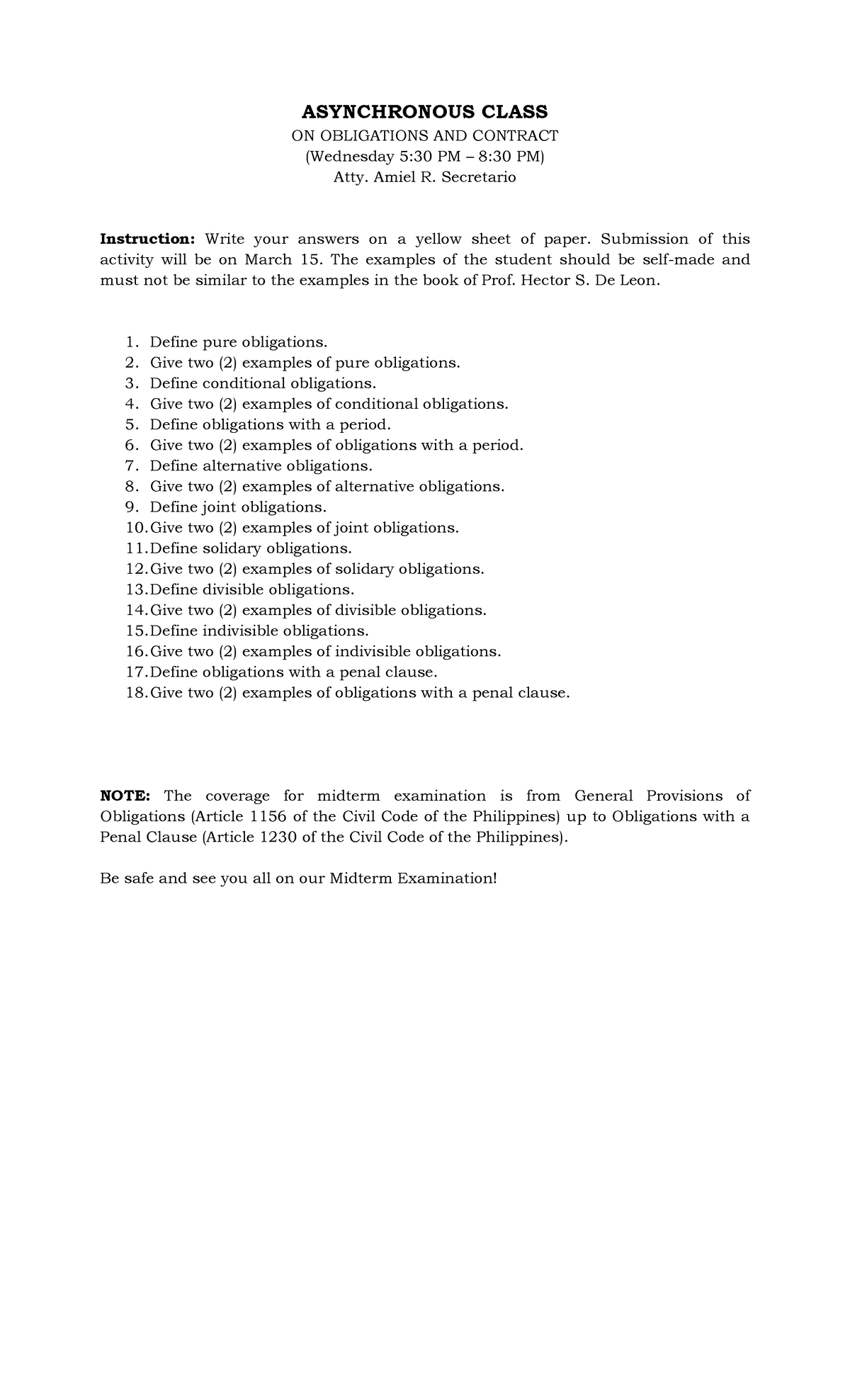 Asynchronous Class ( Oblicon) - ASYNCHRONOUS CLASS ON OBLIGATIONS AND CONTRACT (Wednesday 5:30 ...