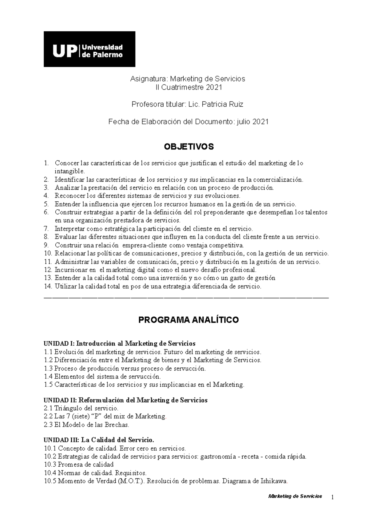 Syllabus MKT servicios - Asignatura: Marketing de Servicios II Cuatrimestre 2021 Profesora ...