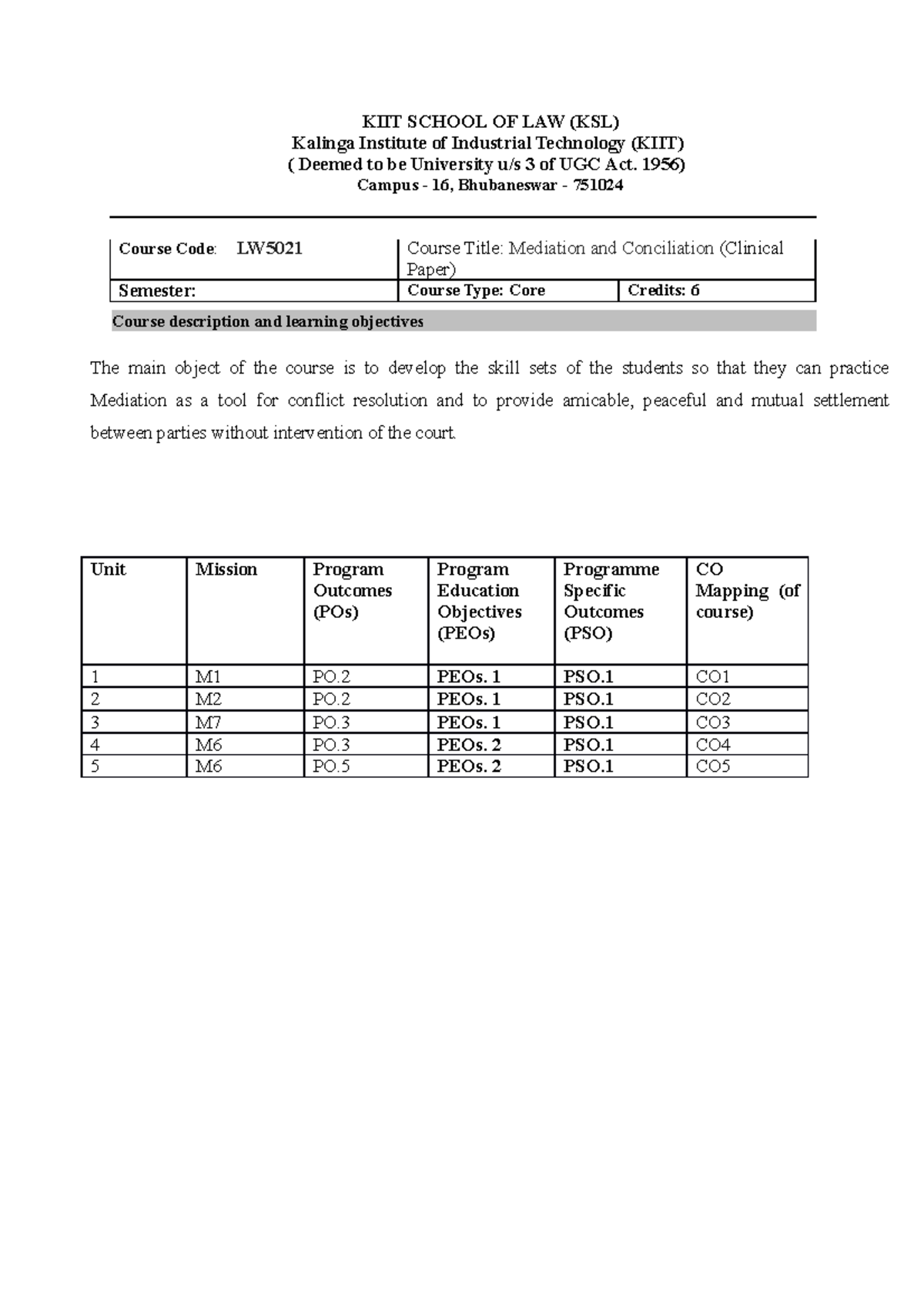 Mediation Syllabus - good notes - KIIT SCHOOL OF LAW (KSL) Kalinga ...
