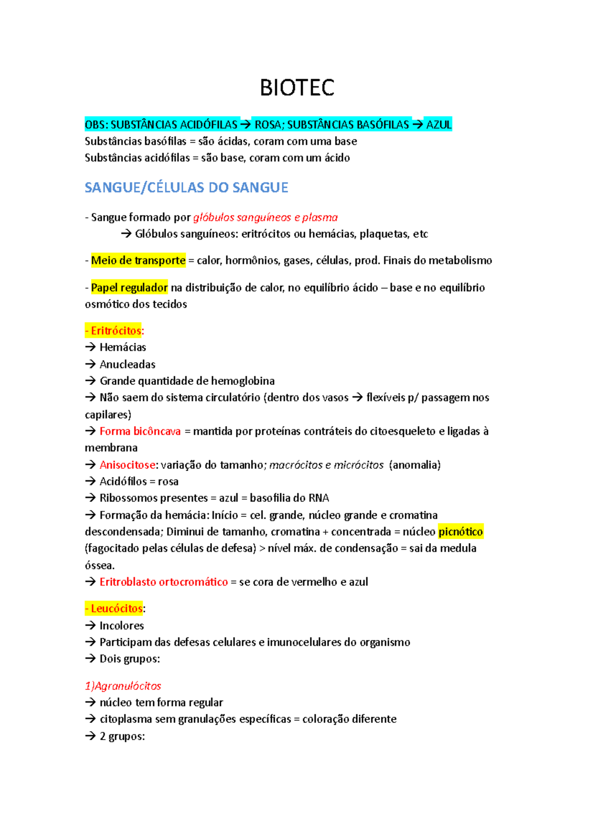 Biotec - Resumo Biologia Tecidual - BIOTEC OBS: AZUL coram com uma base base, coram com um DO ...