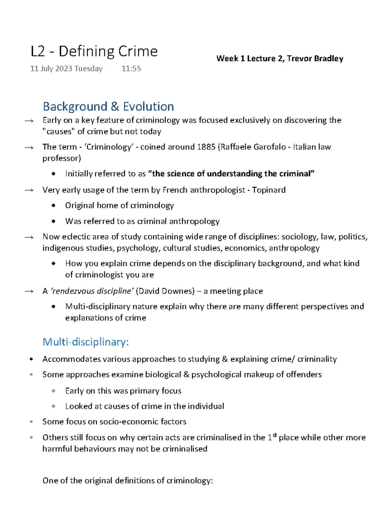 Lecture 2 - Defining Crime - Background & Evolution Early on a key ...