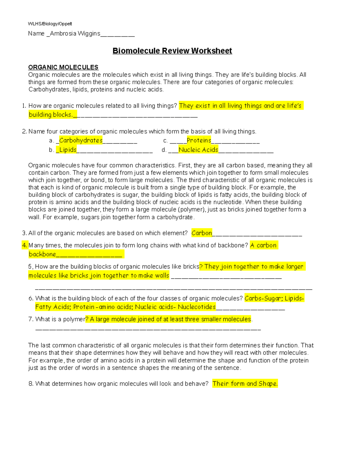 Biomolecule Review Worksheet Name Ambrosia Wiggins
