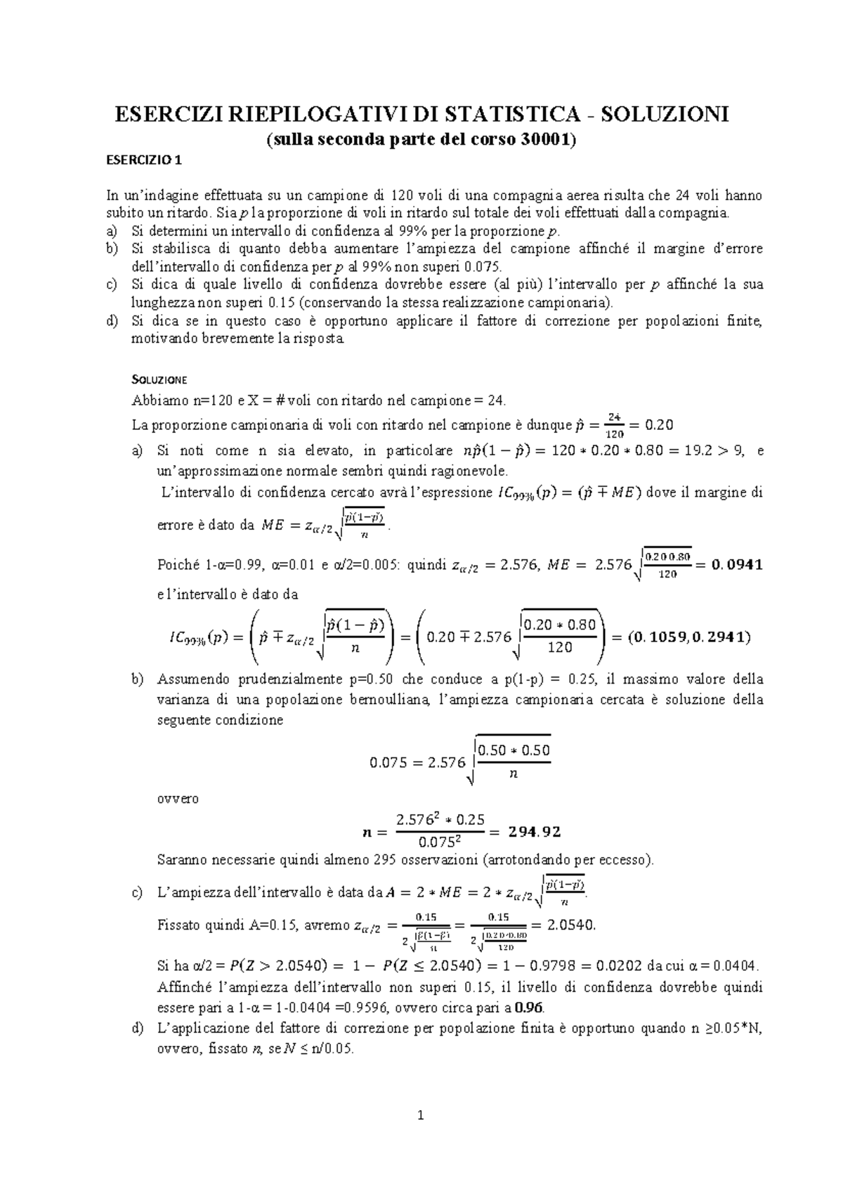 Esercizi riepilogativi - ESERCIZI RIEPILOGATIVI DI STATISTICA - SOLUZIONI (sulla seconda parte ...