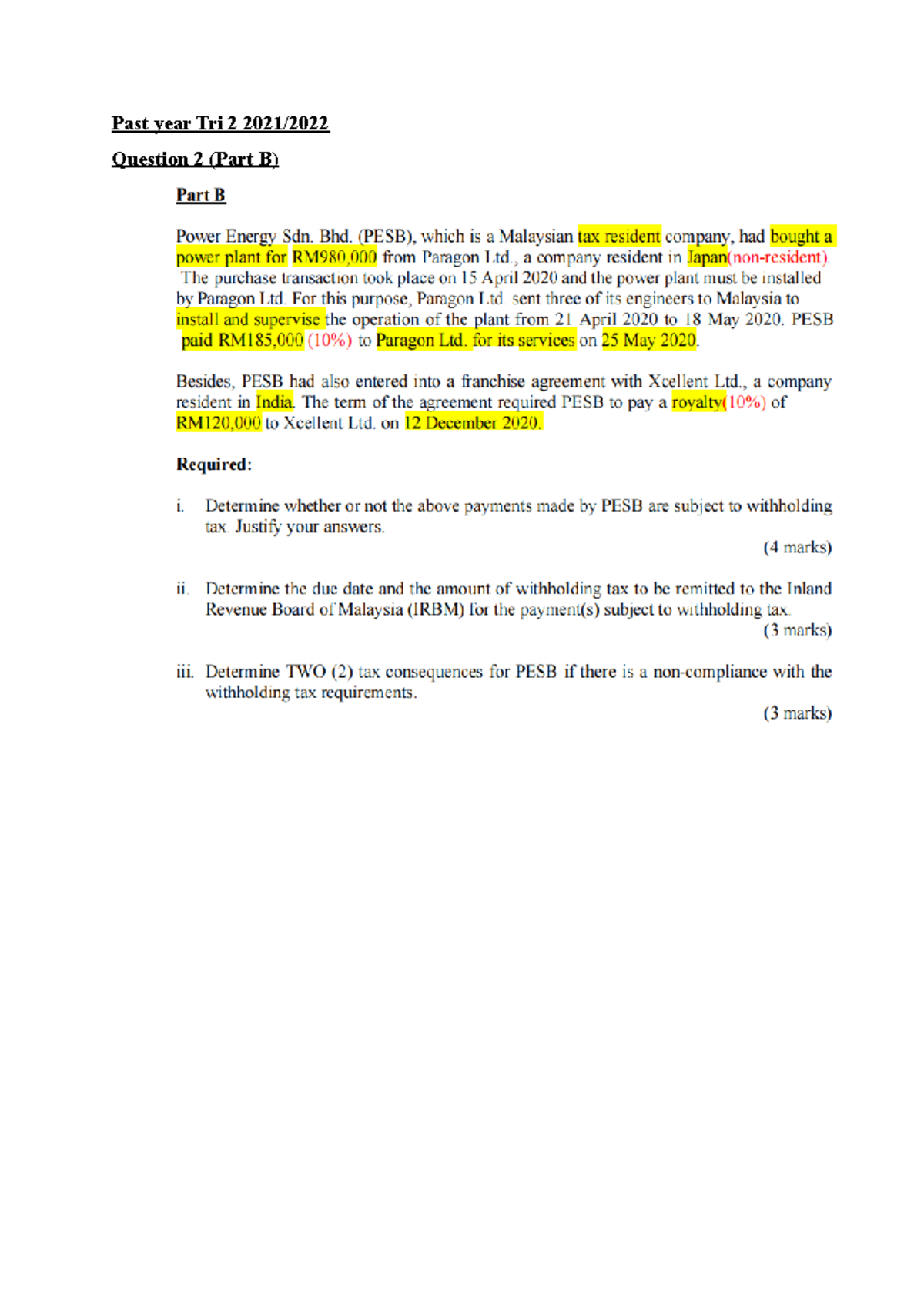 Taxation 2- tutorial (Topic 4) 4 question - Past year Tri 2 2021 ...