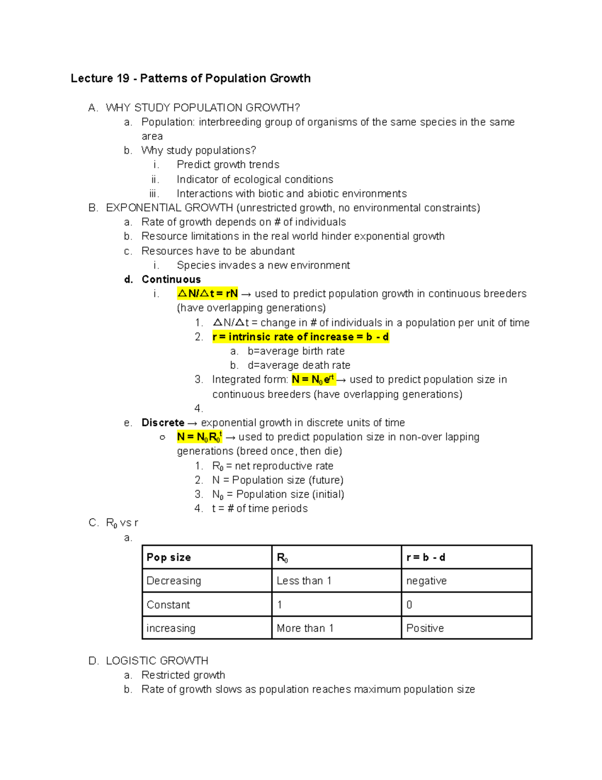 BIOL121 Lecture 19 Notes - Patterns of Pop Growth - Lecture 19 ...