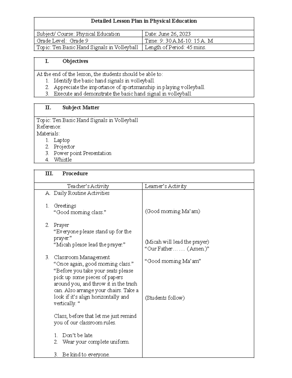 Lesson plan in PE - Detailed Lesson Plan in Physical Education Subject ...