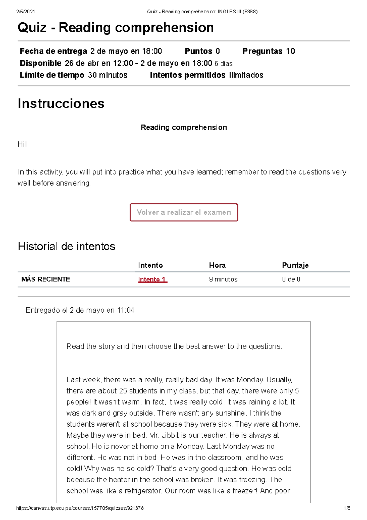 Quiz - Reading comprehension Ingles III (6388) - Quiz - Reading ...