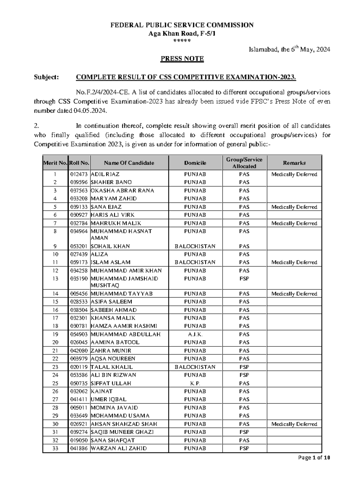 Competitive Examination-CSS-2023-Final-Result-06-05-2024 - FEDERAL ...