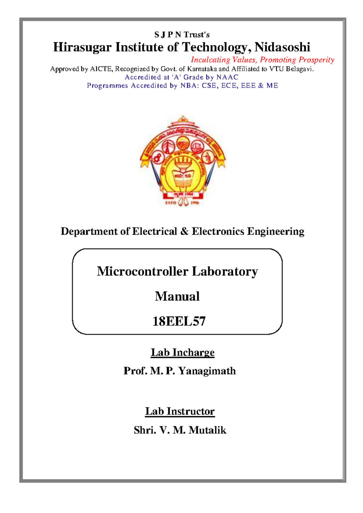 5-Microcontroller-Lab - S J P N Trust's Hirasugar Institute of Technology, Nidasoshi Inculcating ...