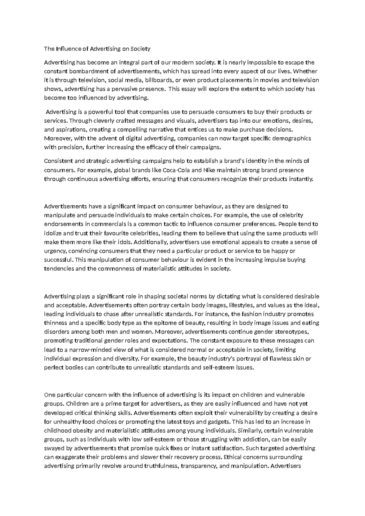 The Influence of Advertising on Society - The Influence of Advertising ...