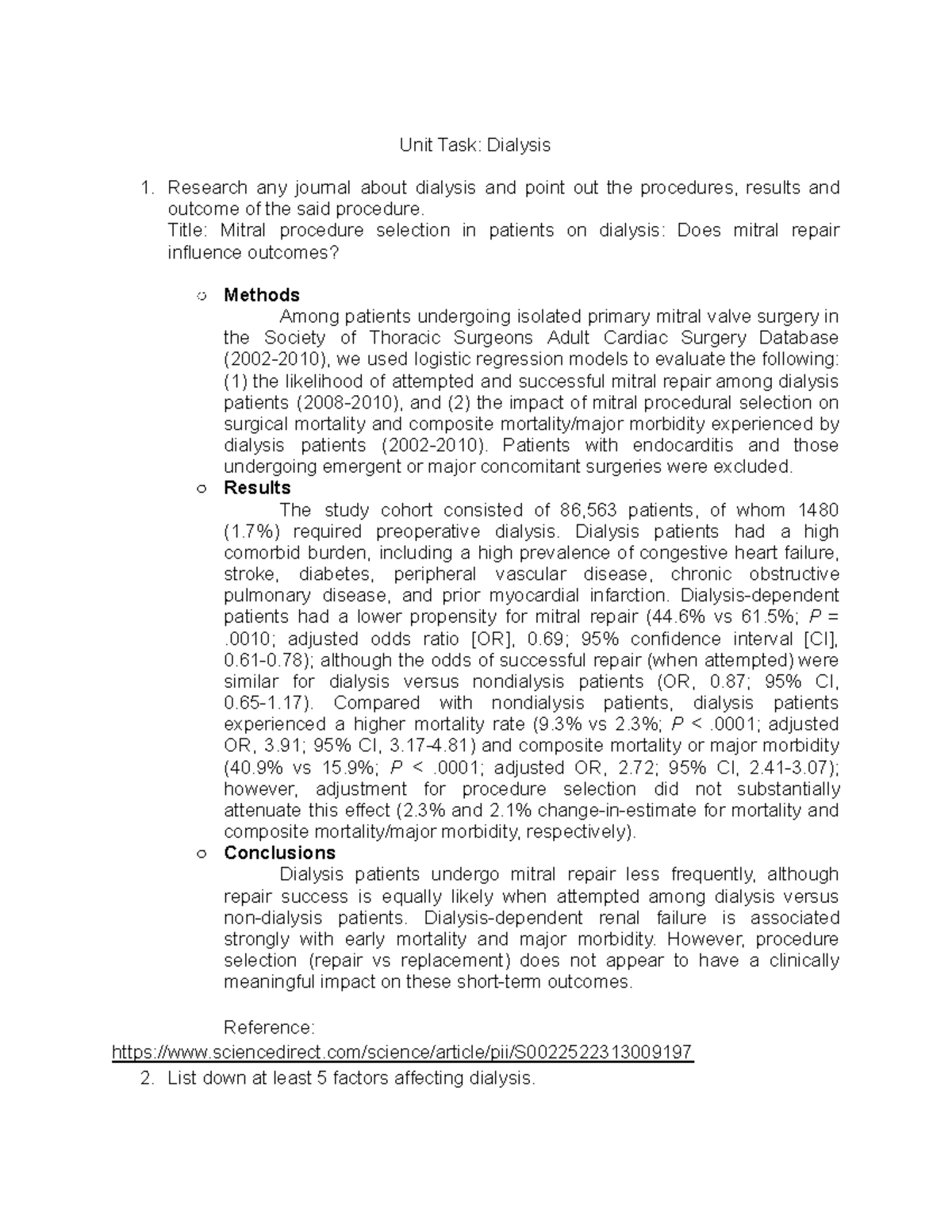 UNIT TASK Dialysis (LAB) - Unit Task: Dialysis Research any journal ...