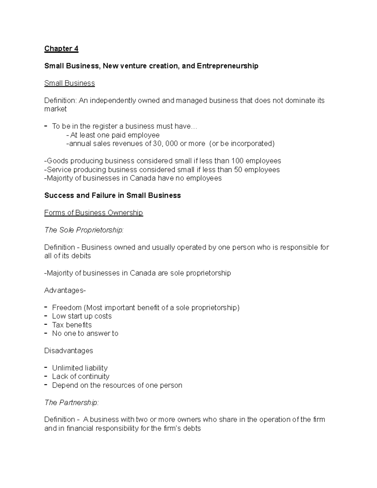 Chapter 4-7 Textbook Notes - Mangement - Chapter 4 Small Business, New ...