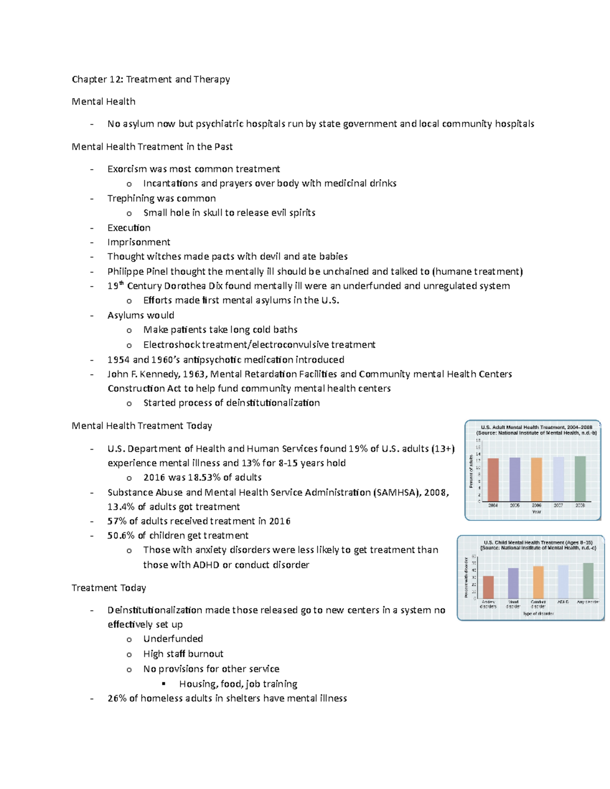 Chapter 12 Notes - Chapter 12: Treatment and Therapy Mental Health No ...