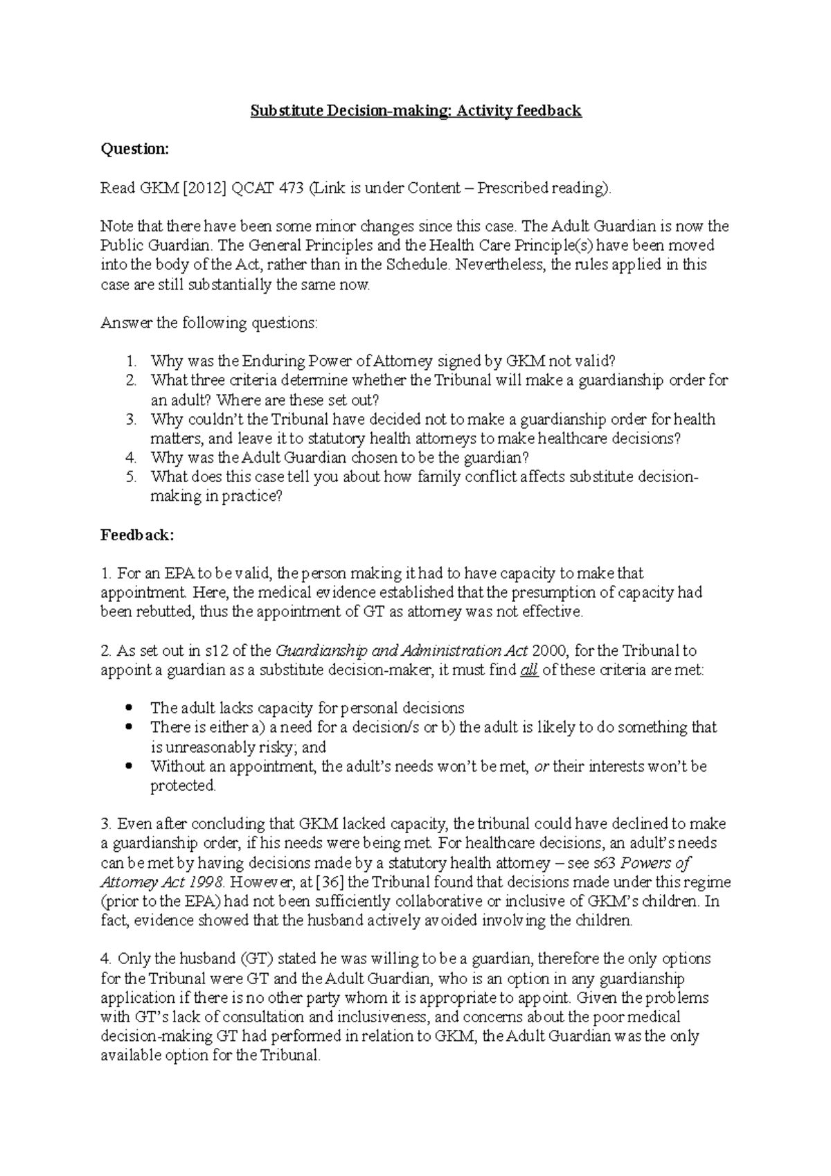 Week 4 Substitute decision-making activty feedback - Substitute ...