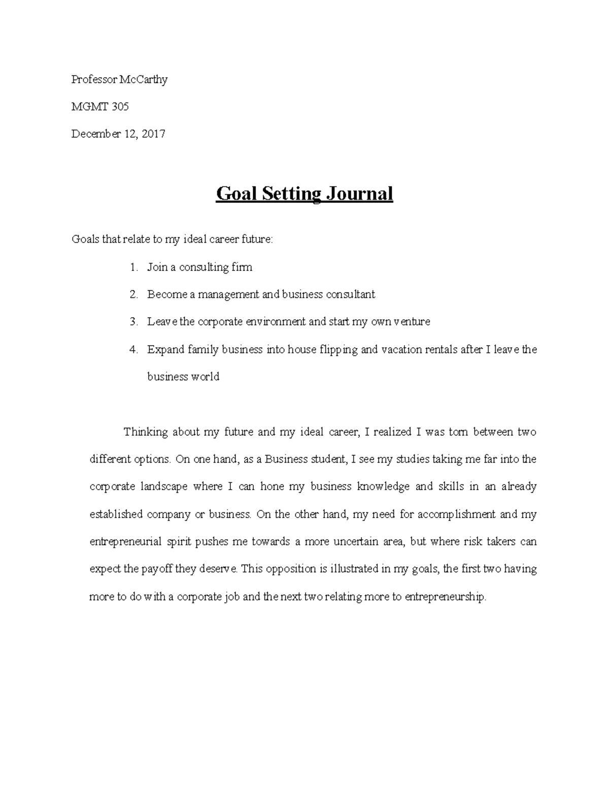 Goal Setting Journal - Final Paper - Professor McCarthy MGMT 305 ...