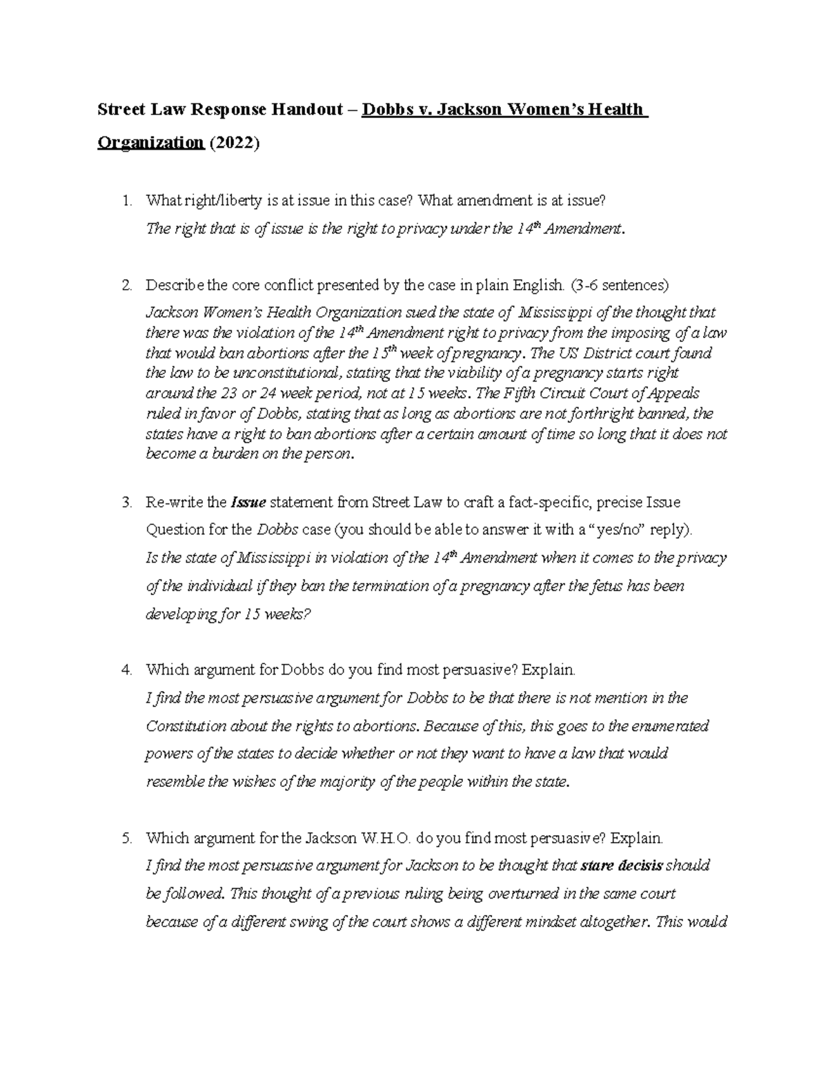 Dobbs vs. Jackson Questions - Street Law Response Handout – Dobbs v ...