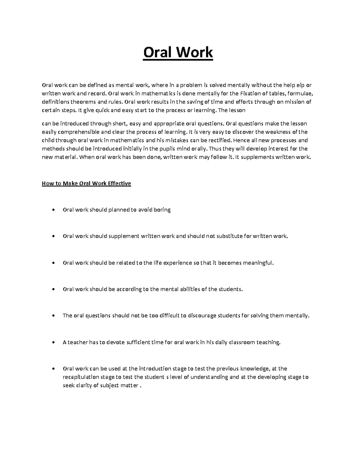 Oral Work - Useful - Oral Work Oral work can be defined as mental work ...