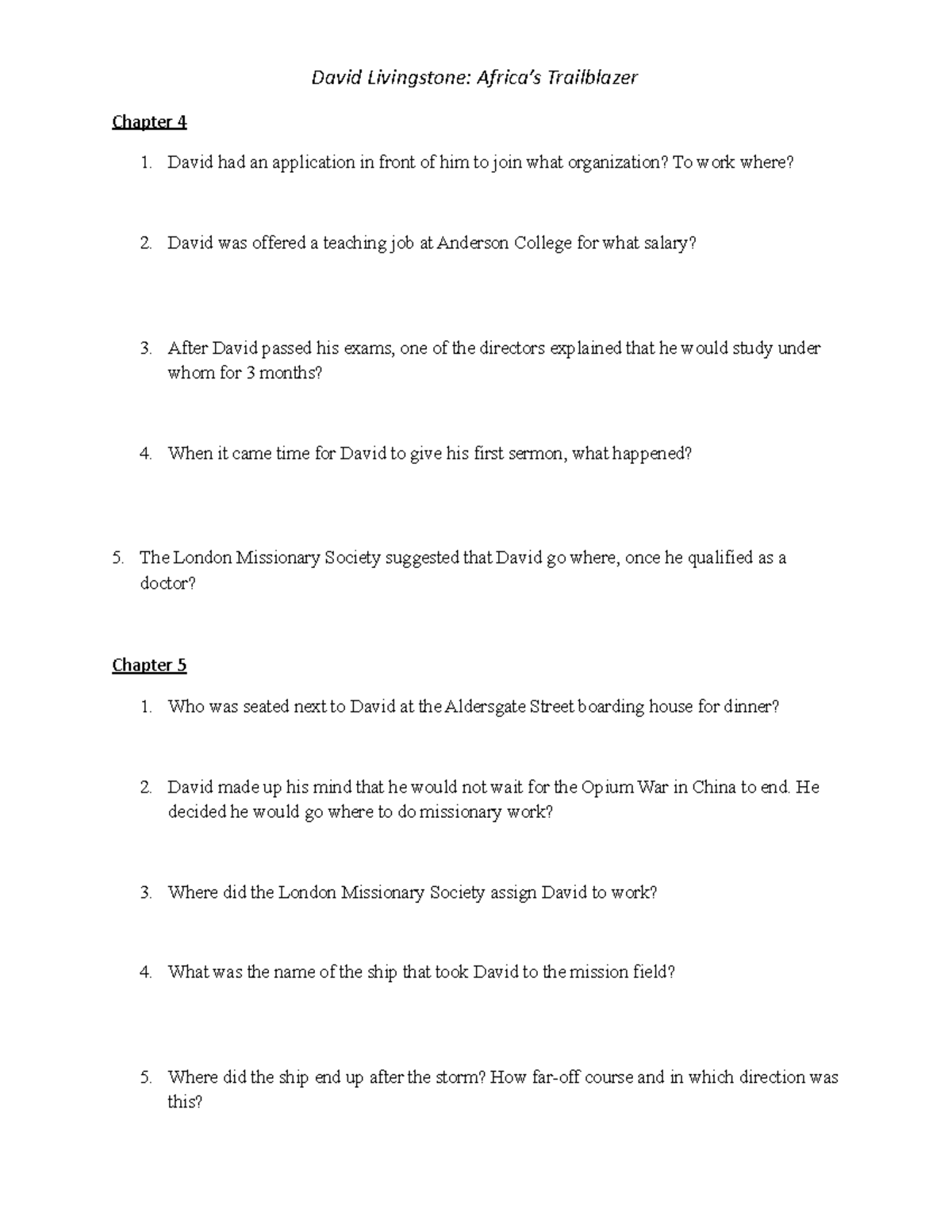 ELA6-Livingstone Comprehension 4-5chapters - David Livingstone: Africa ...