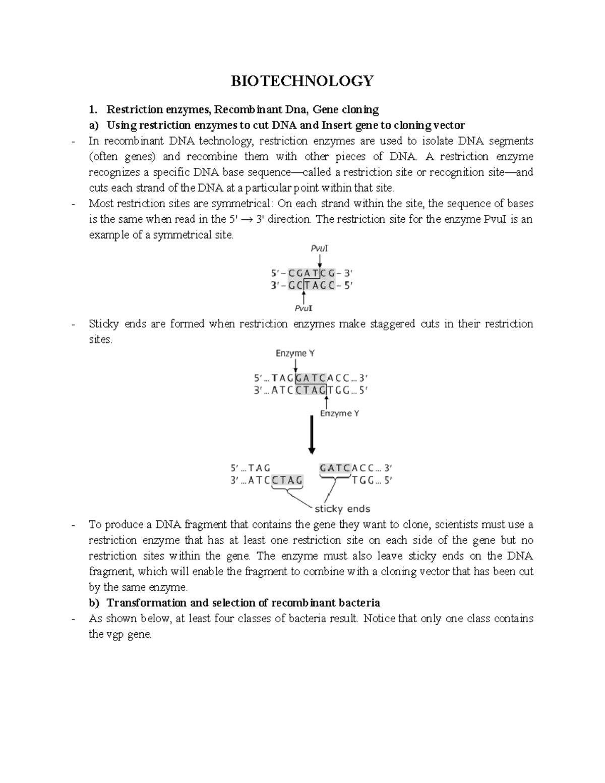 Biotechnology - BIOTECHNOLOGY Restriction enzymes, Recombinant Dna ...