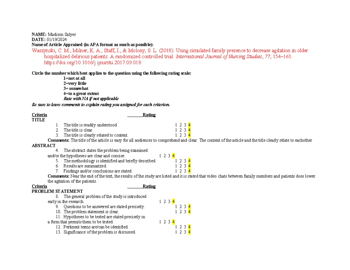 Research - Critical Appraisal - Waszynsju - Critique - NAME: Madison ...
