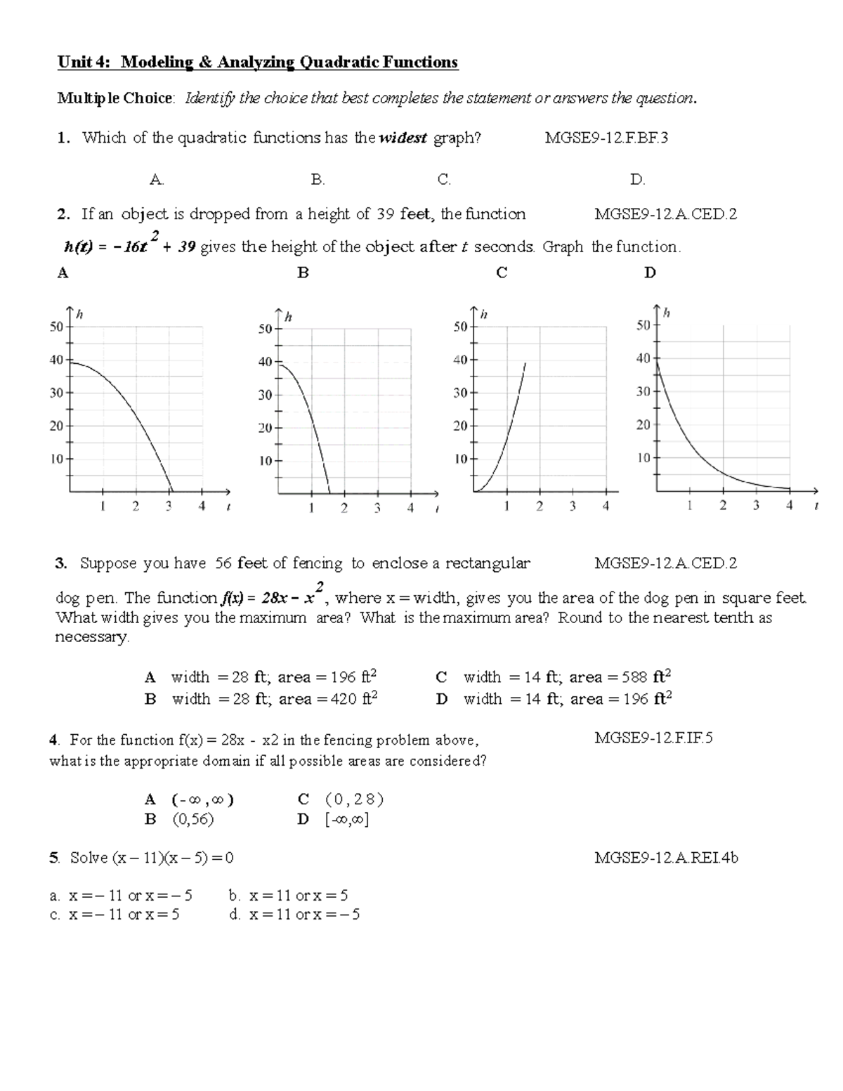 idk bro helpppppppp - Unit 4: Modeling & Analyzing Quadratic Functions ...