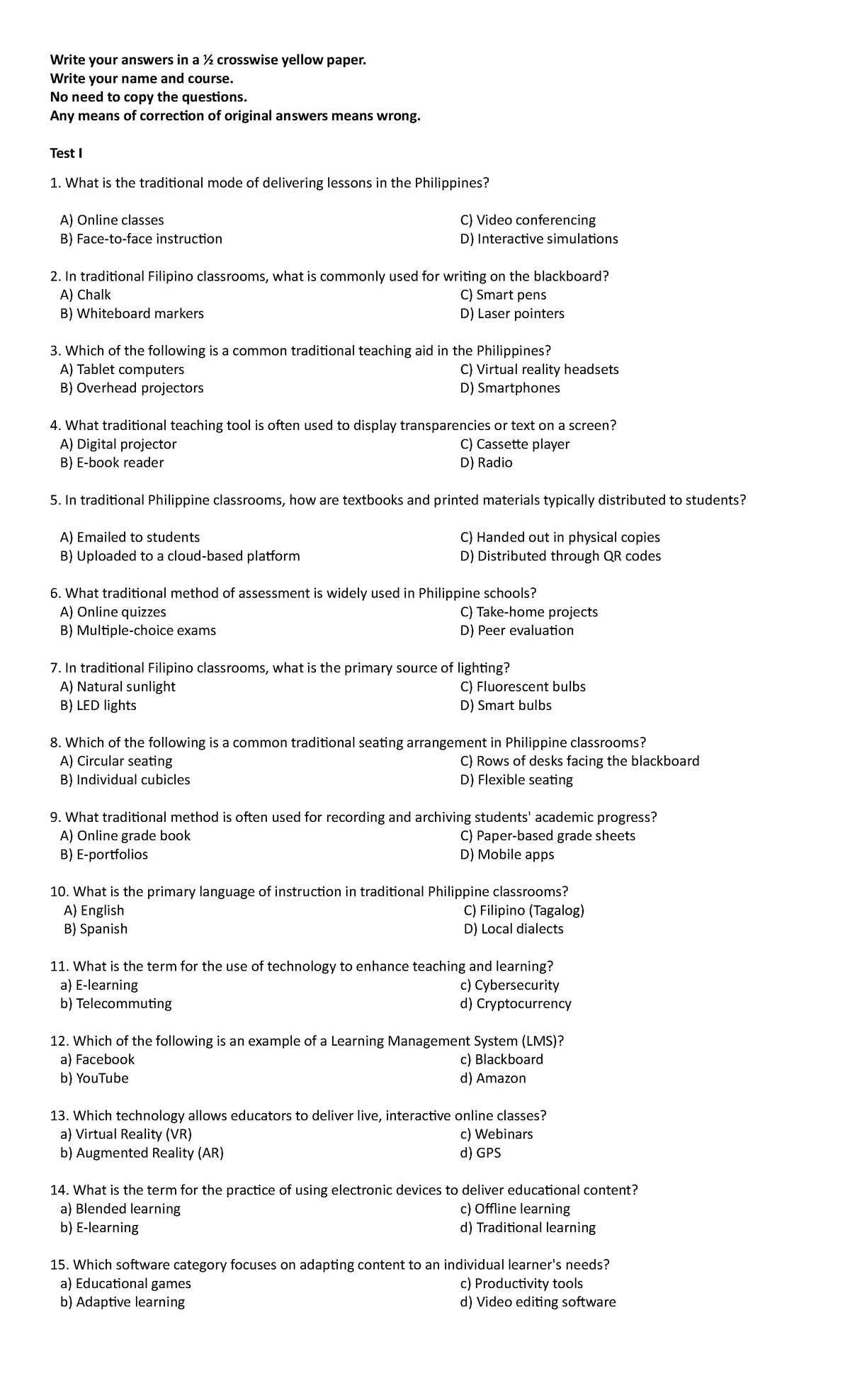 TTL Midterm Exam - Write your answers in a ½ crosswise yellow paper. Write your name and course ...