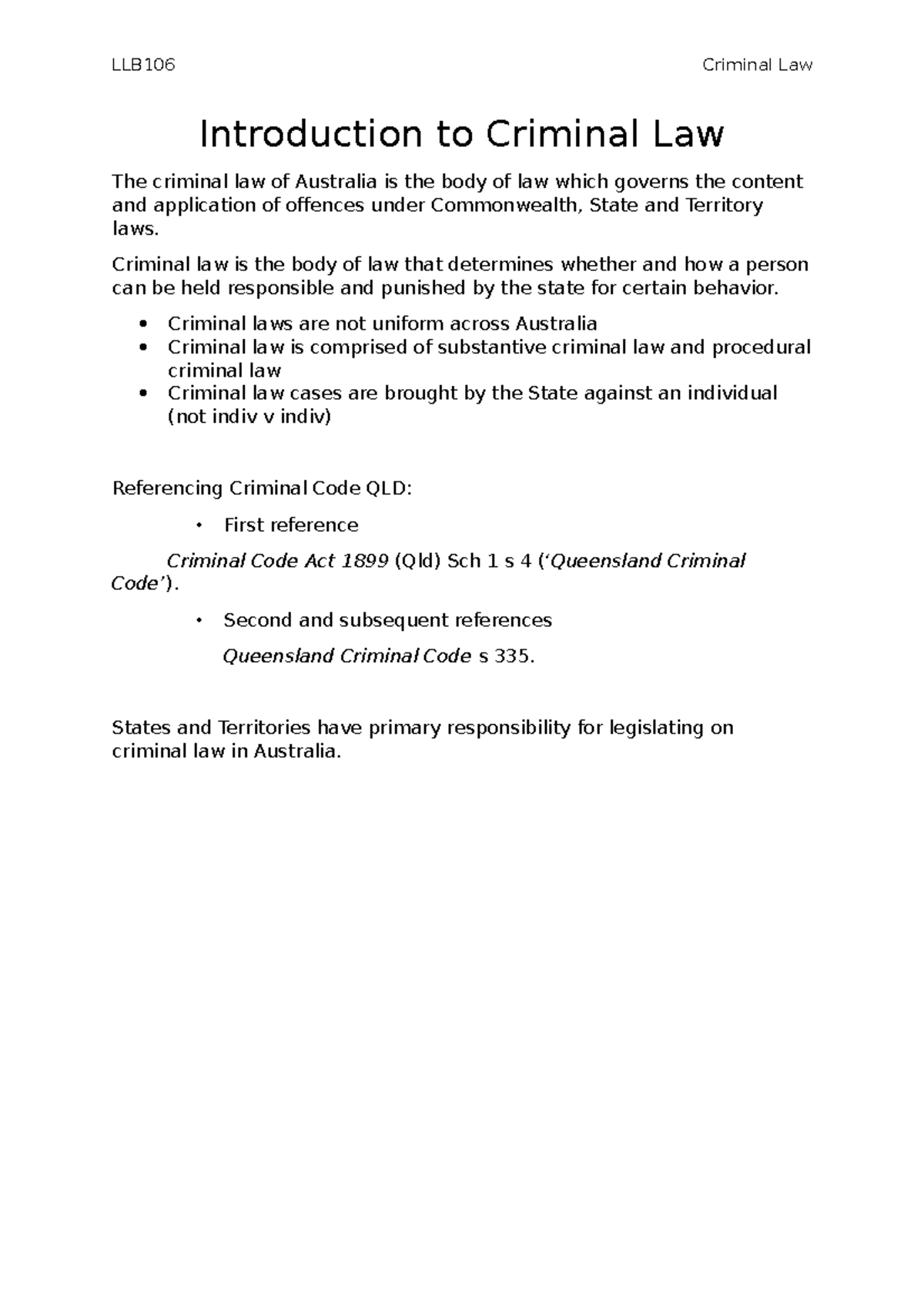 W1 - Introduction to Criminal Law - Introduction to Criminal Law The ...