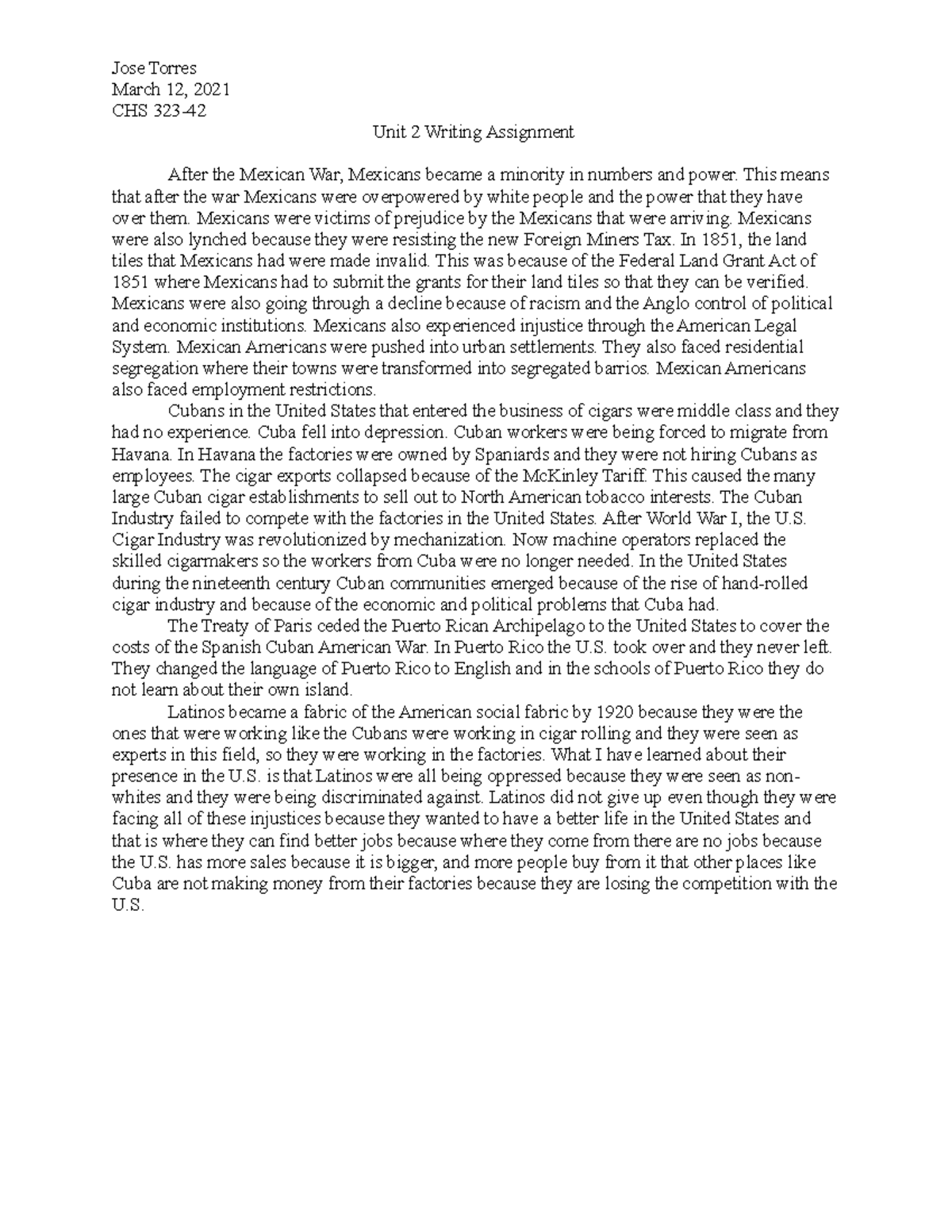 Unit 2 Writing Assignment - Jose Torres March 12, 2021 CHS 323- Unit 2 ...
