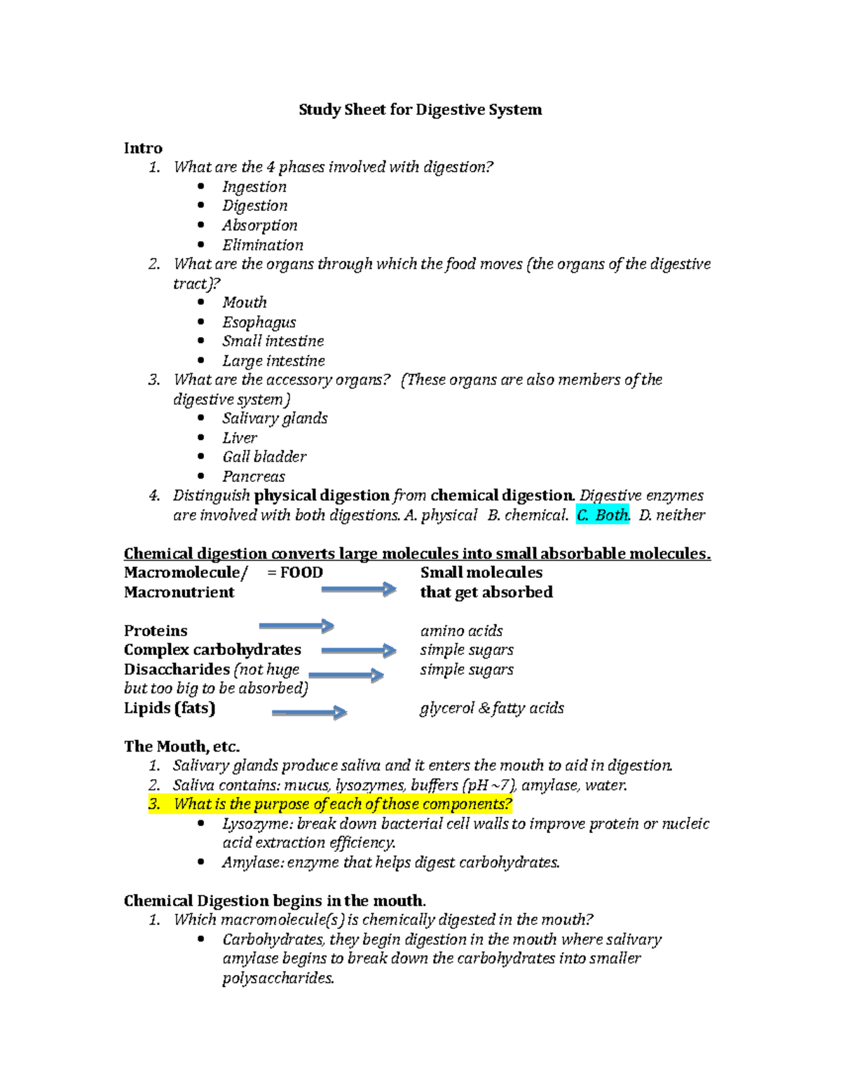 1 Study Sheet for Digestive System - Study Sheet for Digestive System ...