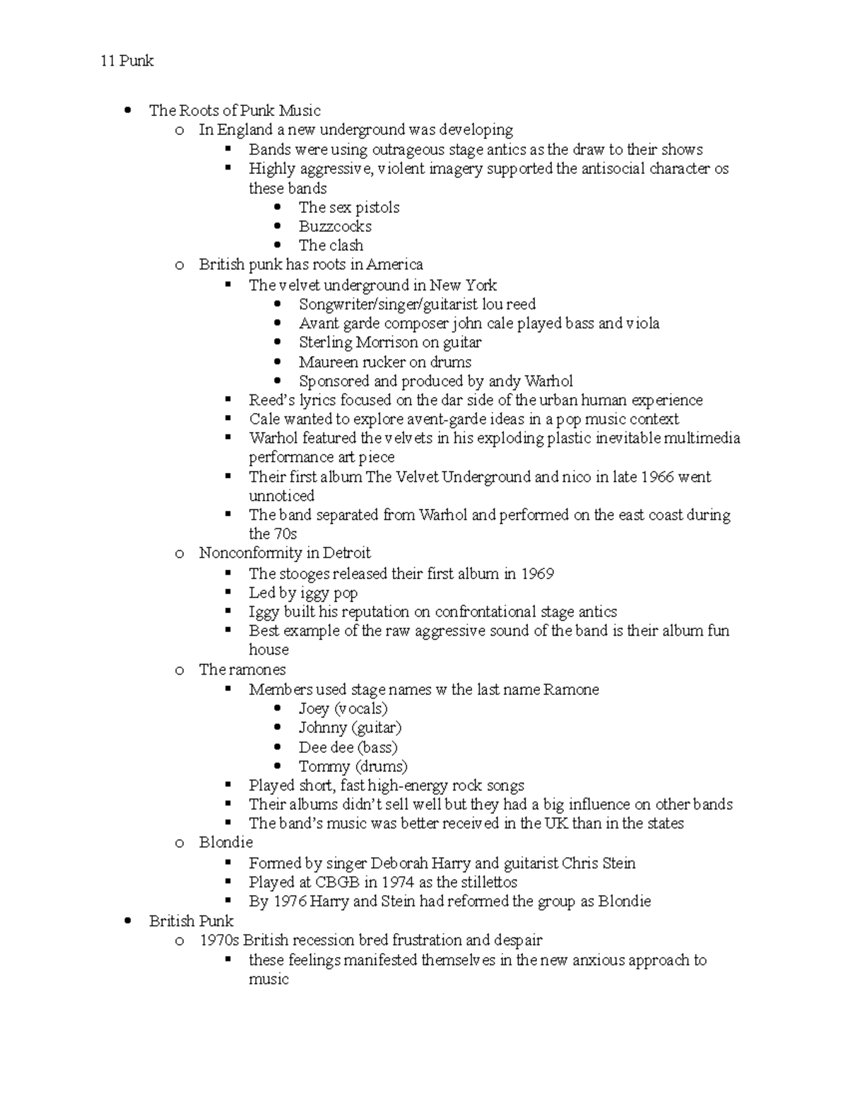 11 Punk - Lecture notes 3 - 11 Punk The Roots of Punk Music o In ...