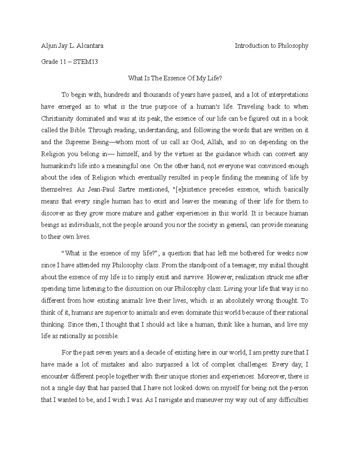 Philosophy Essay - What is the essence of my life? - Aljun Jay L ...