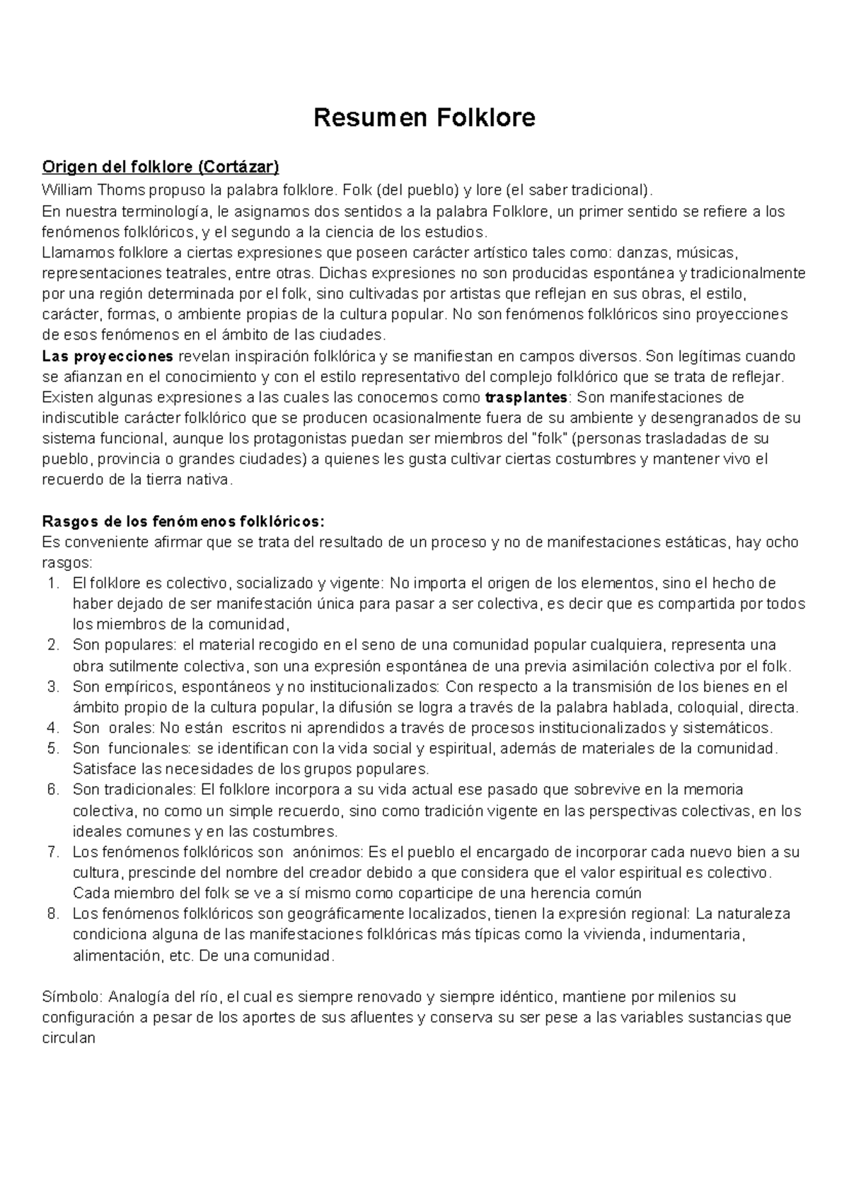 Resumen Folklore - Resumen Folklore Origen del folklore (Cortázar ...