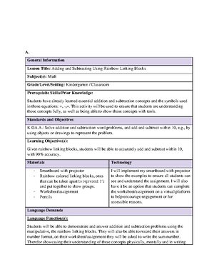 LNM1 TASK 1- MATH Tools - Lesson Plan - Part 1: Tools A. Hands-On Tools Mathlink Cubes o Use of ...