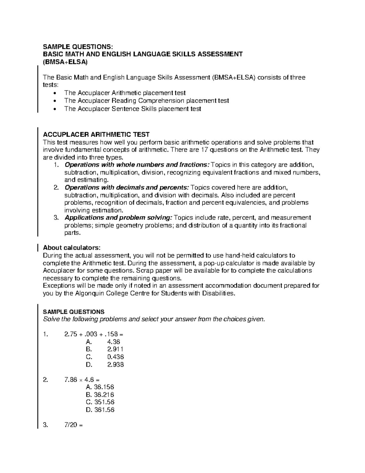 BMSA ELSA Sample Questions Final - SAMPLE QUESTIONS: BASIC MATH AND ...