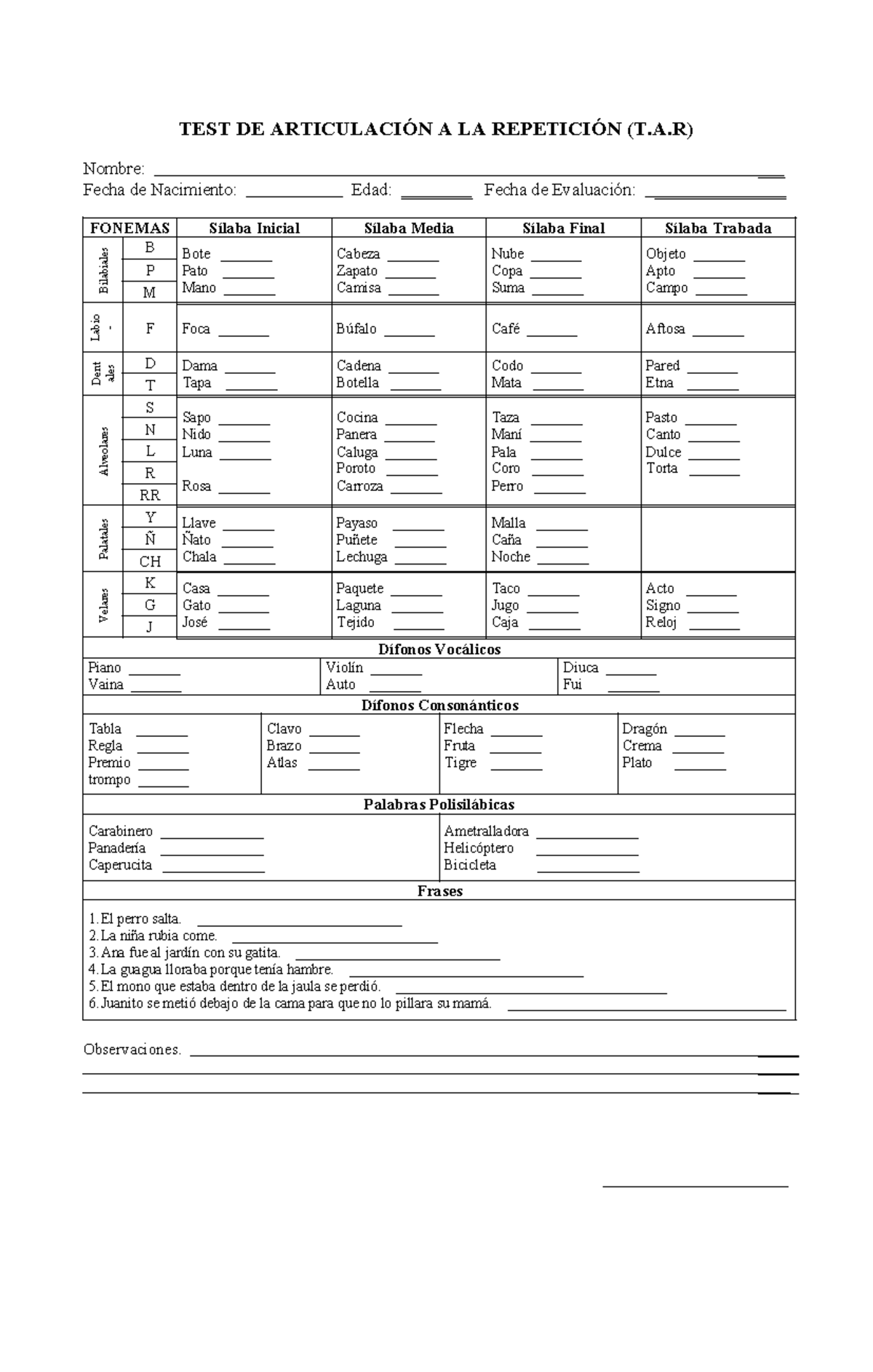 Protocolos test tar - test TAR protocolo - TEST DE ARTICULACIÓN A LA ...