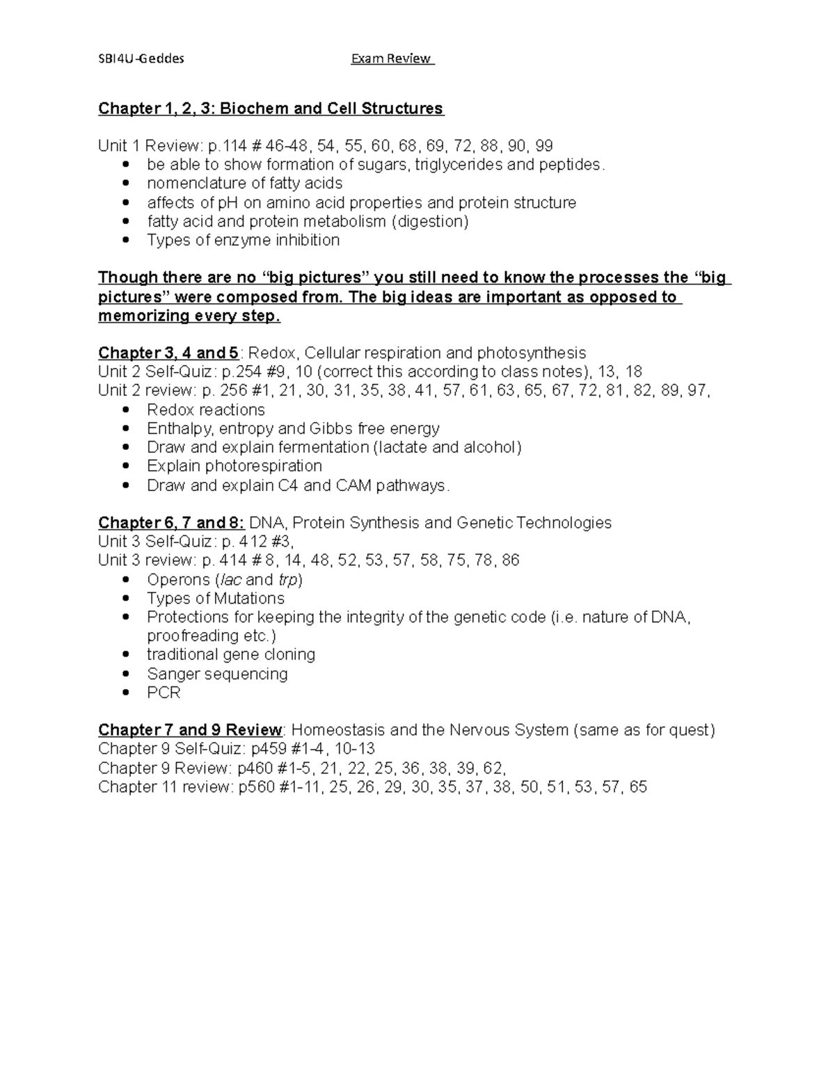 Exam Review Guide - Practice - SBI4U-Geddes Exam Review Chapter 1, 2, 3 ...